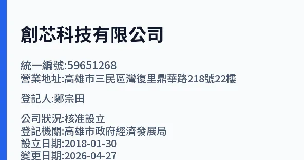 創芯科技有限公司的照片-統編 59651268(高雄市) 公司登記資料與營業項目詳細圖表