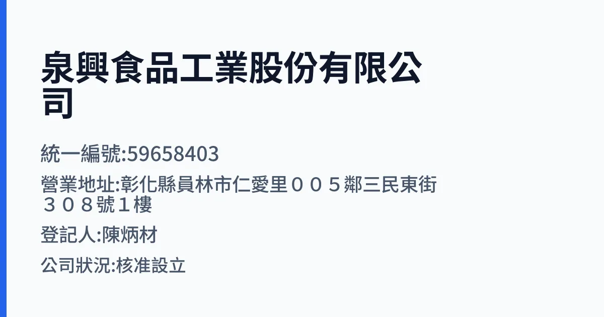 泉興食品工業股份有限公司 - 統編 59658403(彰化縣) 公司登記資料與營業項目詳細圖表