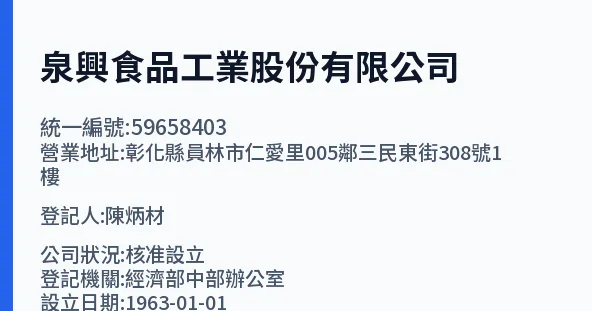 泉興食品工業股份有限公司的照片-統編 59658403(彰化縣) 公司登記資料與營業項目詳細圖表