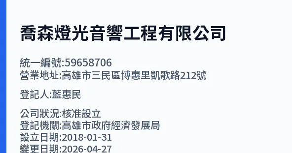 喬森燈光音響工程有限公司的照片-統編 59658706(高雄市) 公司登記資料與營業項目詳細圖表