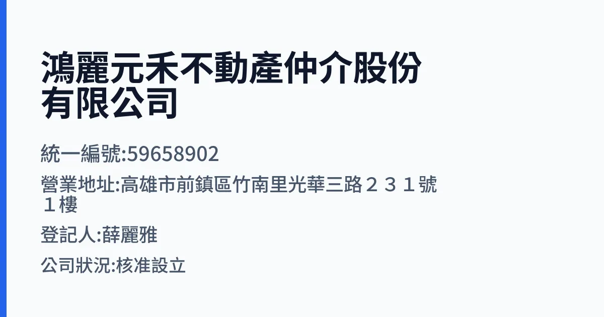 鴻麗元禾不動產仲介股份有限公司 - 統編 59658902(高雄市) 公司登記資料與營業項目詳細圖表