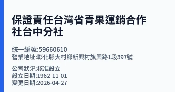 保證責任台灣省青果運銷合作社台中分社的照片-統編 59660610(彰化縣) 公司登記資料與營業項目詳細圖表