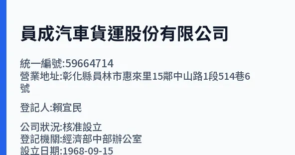 員成汽車貨運股份有限公司的照片-統編 59664714(彰化縣) 公司登記資料與營業項目詳細圖表