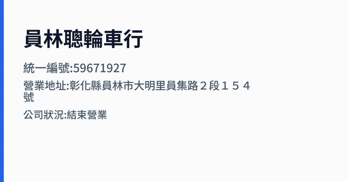 員林聰輪車行 - 統編 59671927(彰化縣) 公司登記資料與營業項目詳細圖表