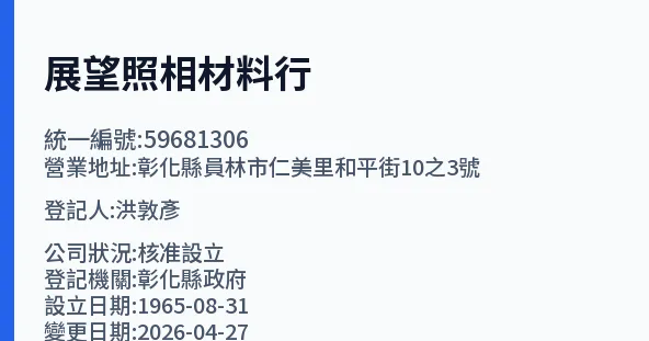 展望照相材料行的照片-統編 59681306(彰化縣) 公司登記資料與營業項目詳細圖表