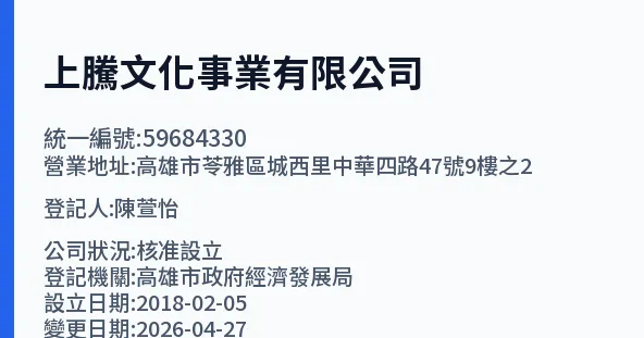 上騰文化事業有限公司的照片-統編 59684330(高雄市) 公司登記資料與營業項目詳細圖表