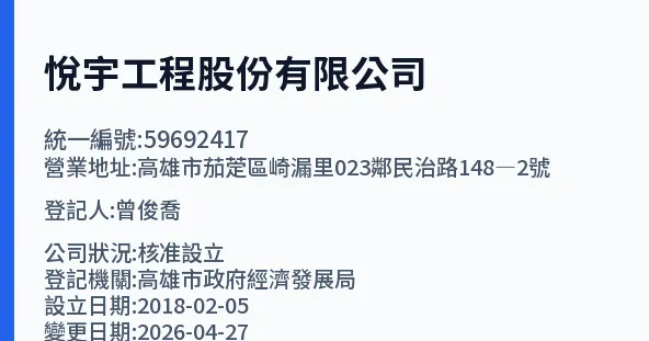 悅宇工程股份有限公司的照片-統編 59692417(高雄市) 公司登記資料與營業項目詳細圖表