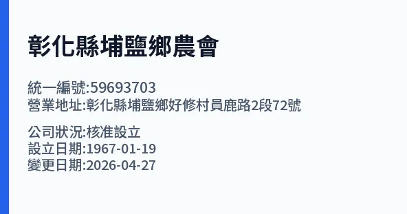 彰化縣埔鹽鄉農會的照片-統編 59693703(彰化縣) 公司登記資料與營業項目詳細圖表