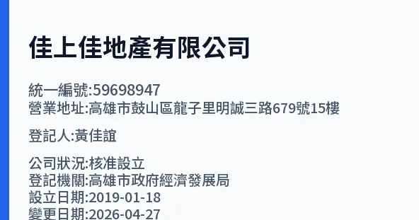 佳上佳地產有限公司的照片-統編 59698947(高雄市) 公司登記資料與營業項目詳細圖表