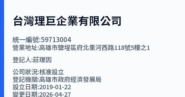 台灣理巨企業有限公司的照片-統編 59713004(高雄市) 公司登記資料與營業項目詳細圖表