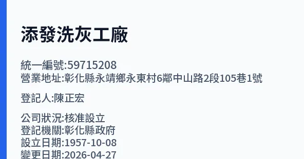 添發洗灰工廠的照片-統編 59715208(彰化縣) 公司登記資料與營業項目詳細圖表
