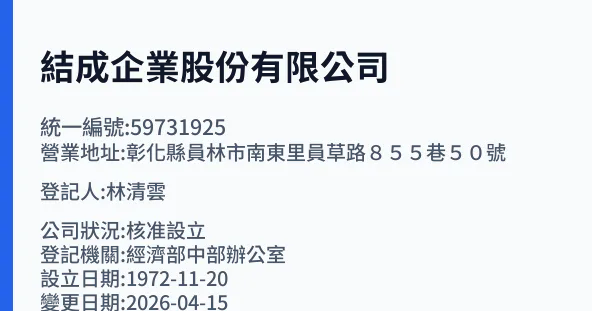 結成企業股份有限公司的照片-統編 59731925(彰化縣) 公司登記資料與營業項目詳細圖表