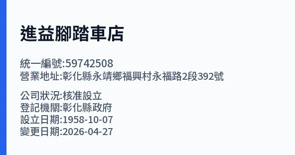 進益腳踏車店的照片-統編 59742508(彰化縣) 公司登記資料與營業項目詳細圖表
