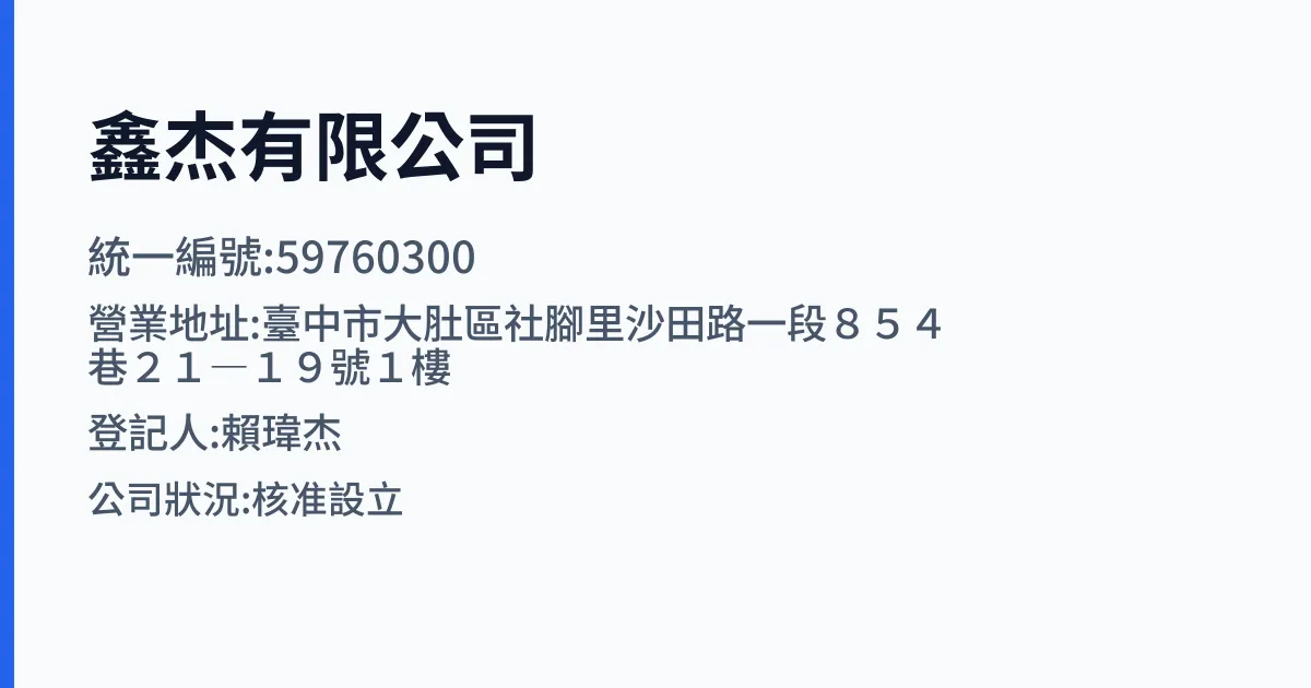 鑫杰有限公司 - 統編 59760300(臺中市) 公司登記資料與營業項目詳細圖表