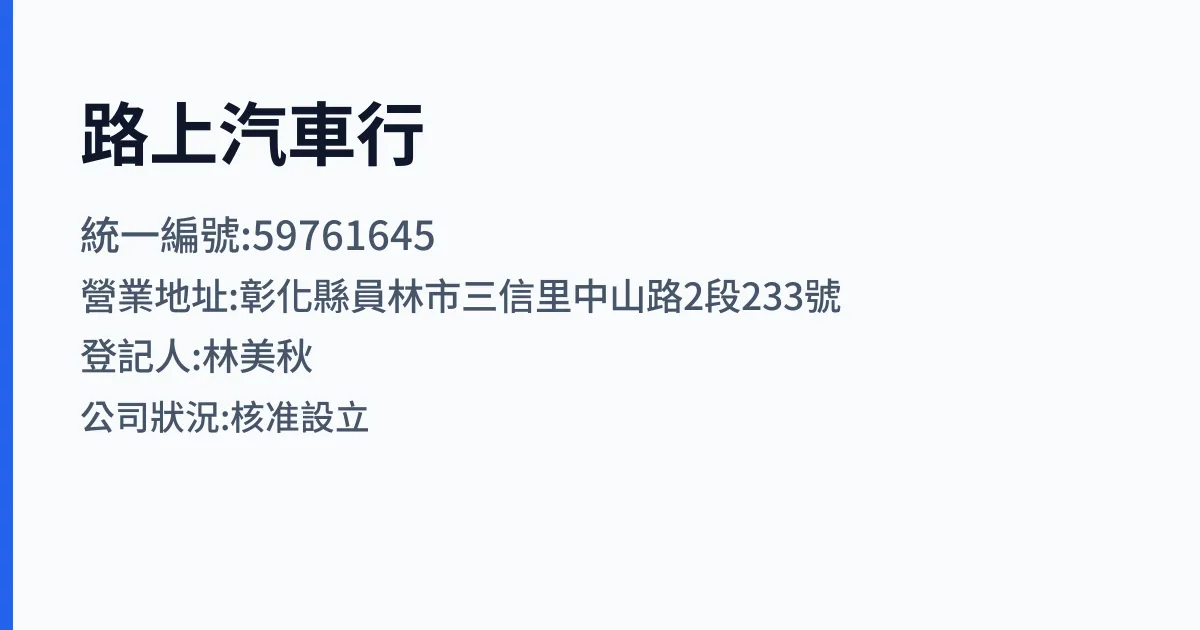 路上汽車行 - 統編 59761645(彰化縣) 公司登記資料與營業項目詳細圖表