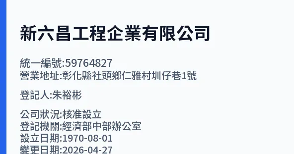 新六昌工程企業有限公司的照片-統編 59764827(彰化縣) 公司登記資料與營業項目詳細圖表