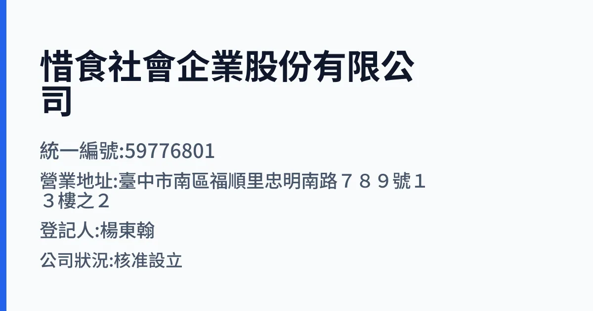 惜食社會企業股份有限公司 - 統編 59776801(臺中市) 公司登記資料與營業項目詳細圖表