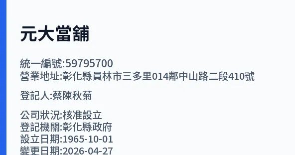 元大當舖的照片-統編 59795700(彰化縣) 公司登記資料與營業項目詳細圖表