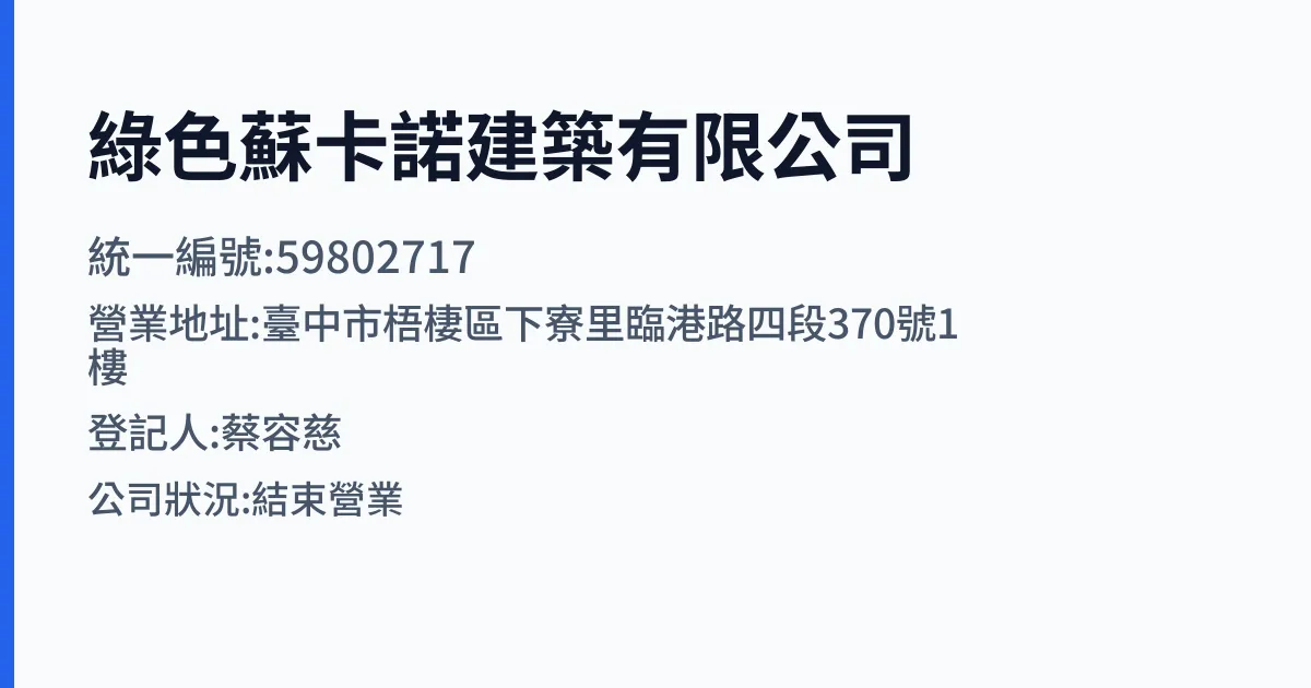 綠色蘇卡諾建築有限公司 - 統編 59802717(臺中市) 公司登記資料與營業項目詳細圖表