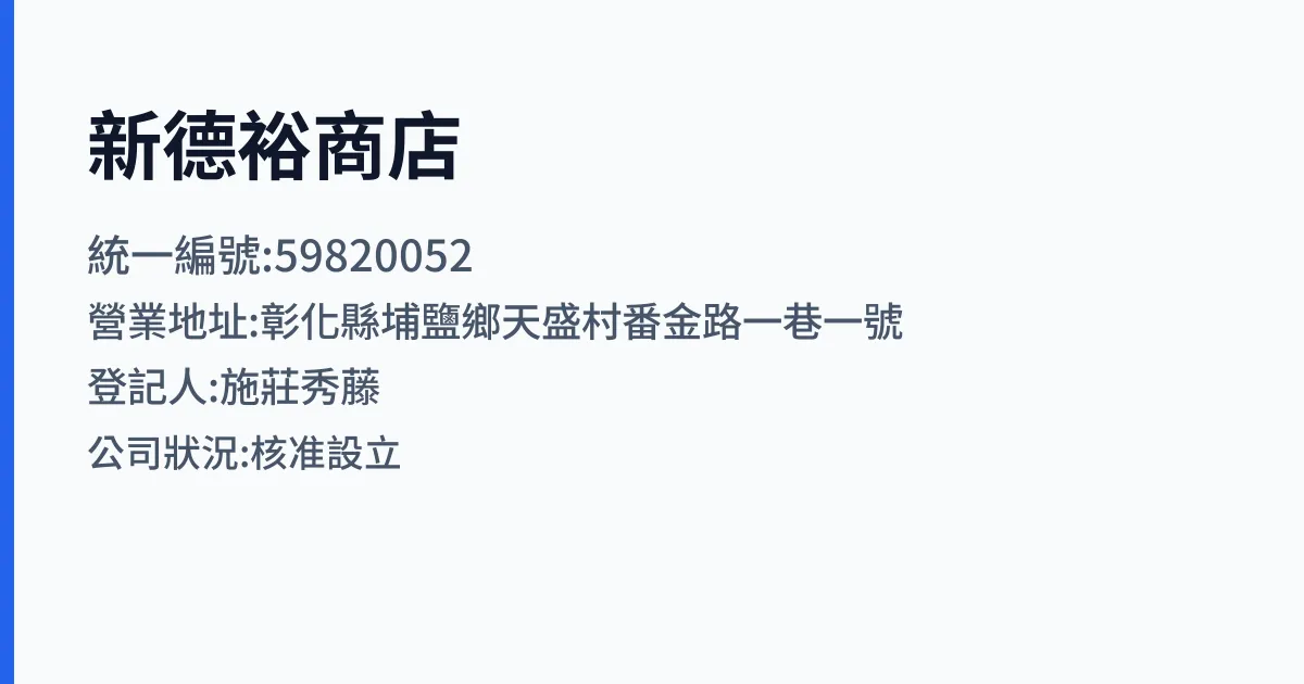 新德裕商店 - 統編 59820052(彰化縣) 公司登記資料與營業項目詳細圖表