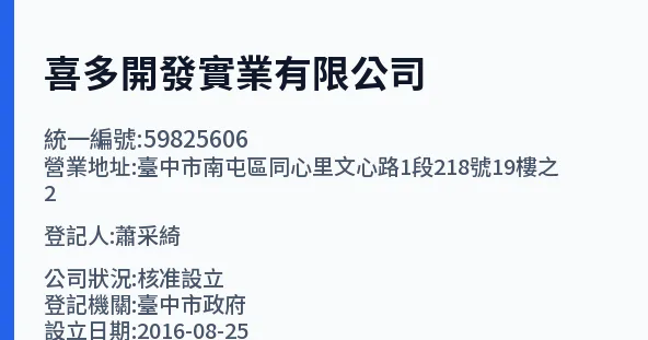 喜多開發實業有限公司的照片-統編 59825606(臺中市) 公司登記資料與營業項目詳細圖表