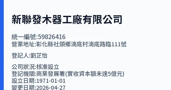 新聯發木器工廠有限公司的照片-統編 59826416(彰化縣) 公司登記資料與營業項目詳細圖表