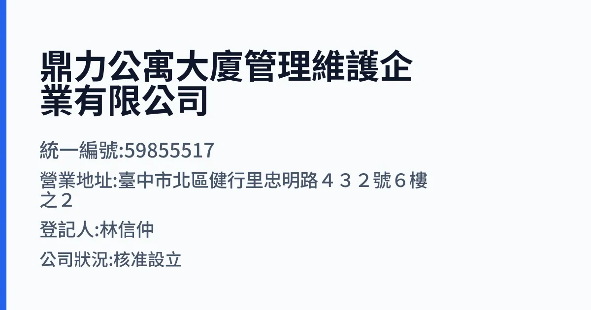 鼎力公寓大廈管理維護企業有限公司 - 統編 59855517 (臺中市) 公司登記資料與營業項目詳細圖表