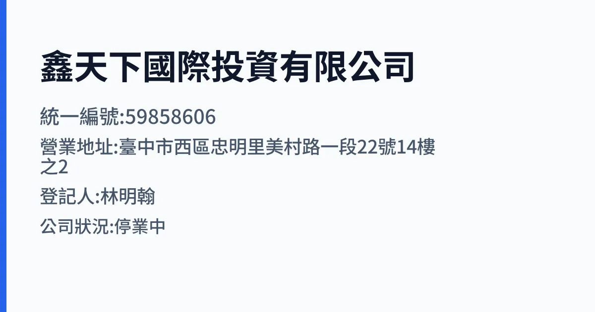 鑫天下國際投資有限公司 - 統編 59858606(臺中市) 公司登記資料與營業項目詳細圖表