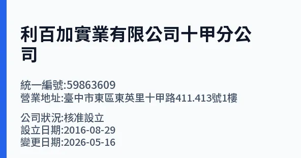 利百加實業有限公司十甲分公司的照片-統編 59863609(臺中市) 公司登記資料與營業項目詳細圖表
