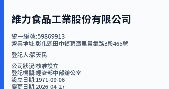 維力食品工業股份有限公司的照片-統編 59869913(彰化縣) 公司登記資料與營業項目詳細圖表