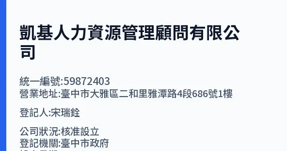 凱基人力資源管理顧問有限公司的照片-統編 59872403(臺中市) 公司登記資料與營業項目詳細圖表