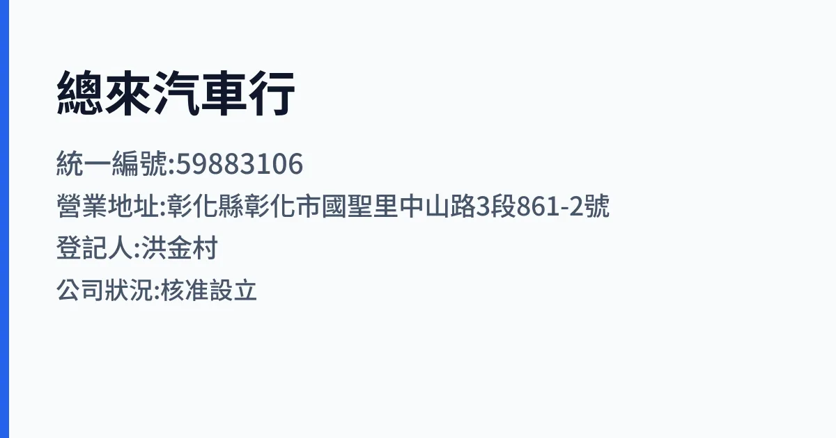 總來汽車行 - 統編 59883106(彰化縣) 公司登記資料與營業項目詳細圖表
