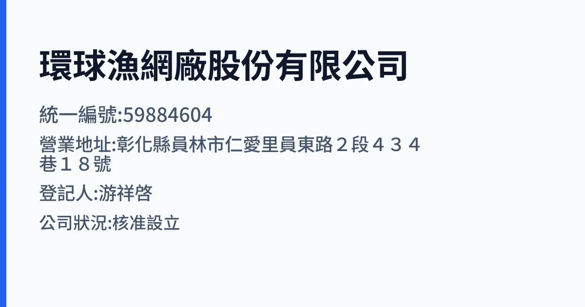 環球漁網廠股份有限公司 - 統編 59884604(彰化縣) 公司登記資料與營業項目詳細圖表