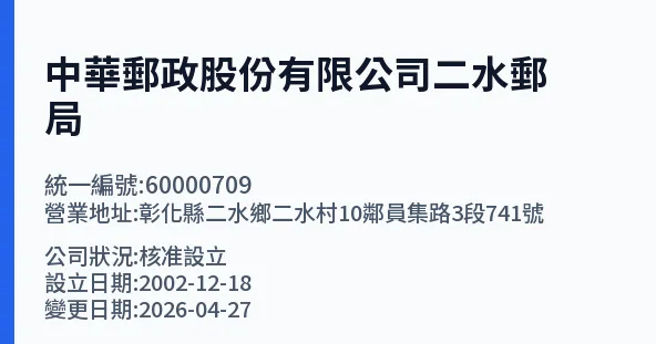 中華郵政股份有限公司二水郵局的照片-統編 60000709(彰化縣) 公司登記資料與營業項目詳細圖表