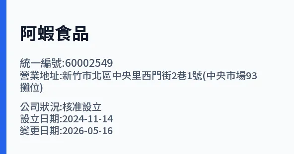 阿蝦食品的照片-統編 60002549(新竹市) 公司登記資料與營業項目詳細圖表