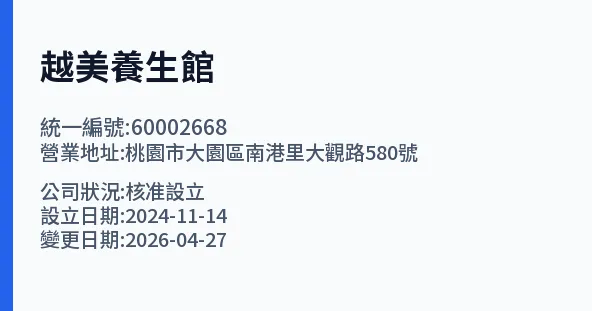 越美養生館的照片-統編 60002668(桃園市) 公司登記資料與營業項目詳細圖表