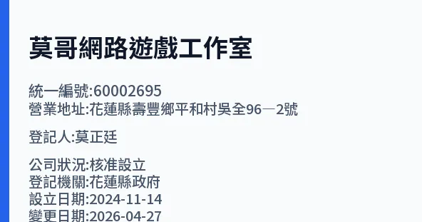 莫哥網路遊戲工作室的照片-統編 60002695(花蓮縣) 公司登記資料與營業項目詳細圖表