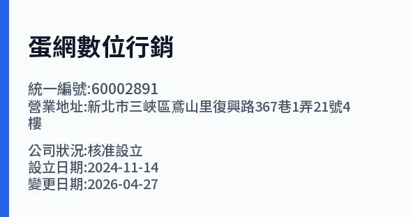 蛋網數位行銷的照片-統編 60002891(新北市) 公司登記資料與營業項目詳細圖表