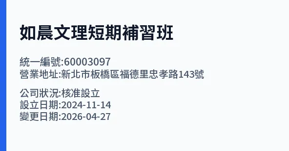 如晨文理短期補習班的照片-統編 60003097(新北市) 公司登記資料與營業項目詳細圖表