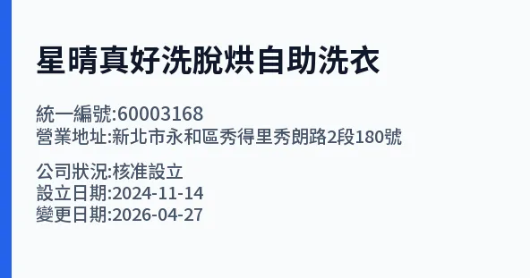 星晴真好洗脫烘自助洗衣的照片-統編 60003168(新北市) 公司登記資料與營業項目詳細圖表