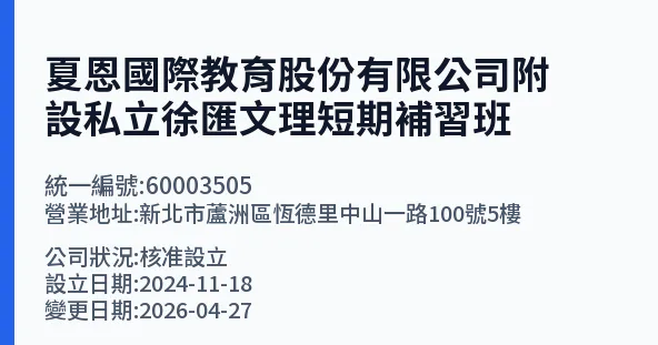 夏恩國際教育股份有限公司附設私立徐匯文理短期補習班的照片-統編 60003505(新北市) 公司登記資料與營業項目詳細圖表