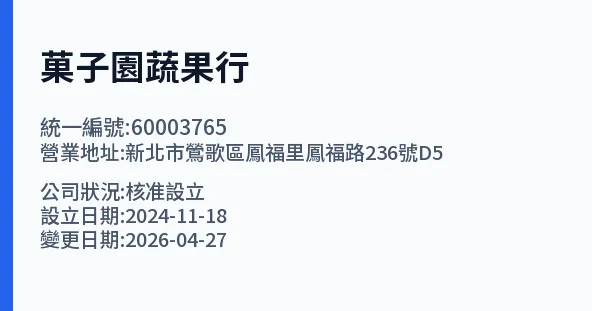 菓子園蔬果行的照片-統編 60003765(新北市) 公司登記資料與營業項目詳細圖表