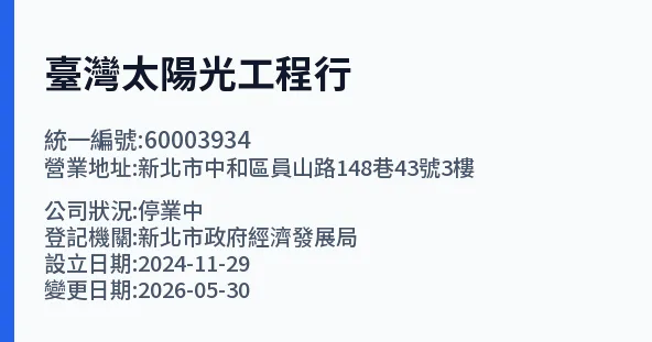 臺灣太陽光工程行的照片-統編 60003934(新北市) 公司登記資料與營業項目詳細圖表