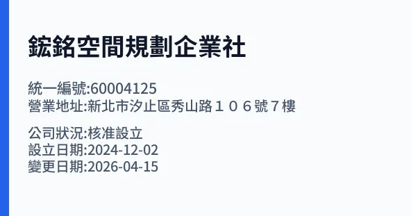 鋐銘空間規劃企業社的照片-統編 60004125(新北市) 公司登記資料與營業項目詳細圖表