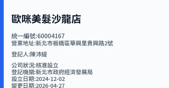 歐咪美髮沙龍店的照片-統編 60004167(新北市) 公司登記資料與營業項目詳細圖表