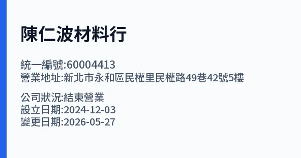 陳仁波材料行的照片-統編 60004413(新北市) 公司登記資料與營業項目詳細圖表