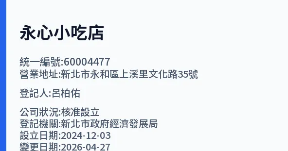 永心小吃店的照片-統編 60004477(新北市) 公司登記資料與營業項目詳細圖表