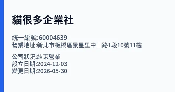 貓很多企業社的照片-統編 60004639(新北市) 公司登記資料與營業項目詳細圖表