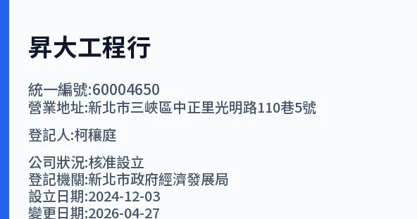 昇大工程行的照片-統編 60004650(新北市) 公司登記資料與營業項目詳細圖表
