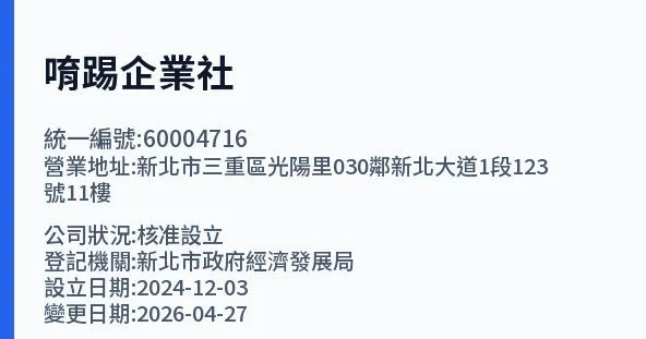 唷踢企業社的照片-統編 60004716(新北市) 公司登記資料與營業項目詳細圖表